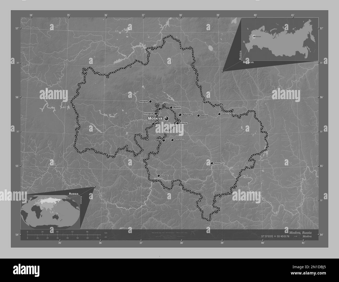 Moskva, region of Russia. Grayscale elevation map with lakes and rivers ...