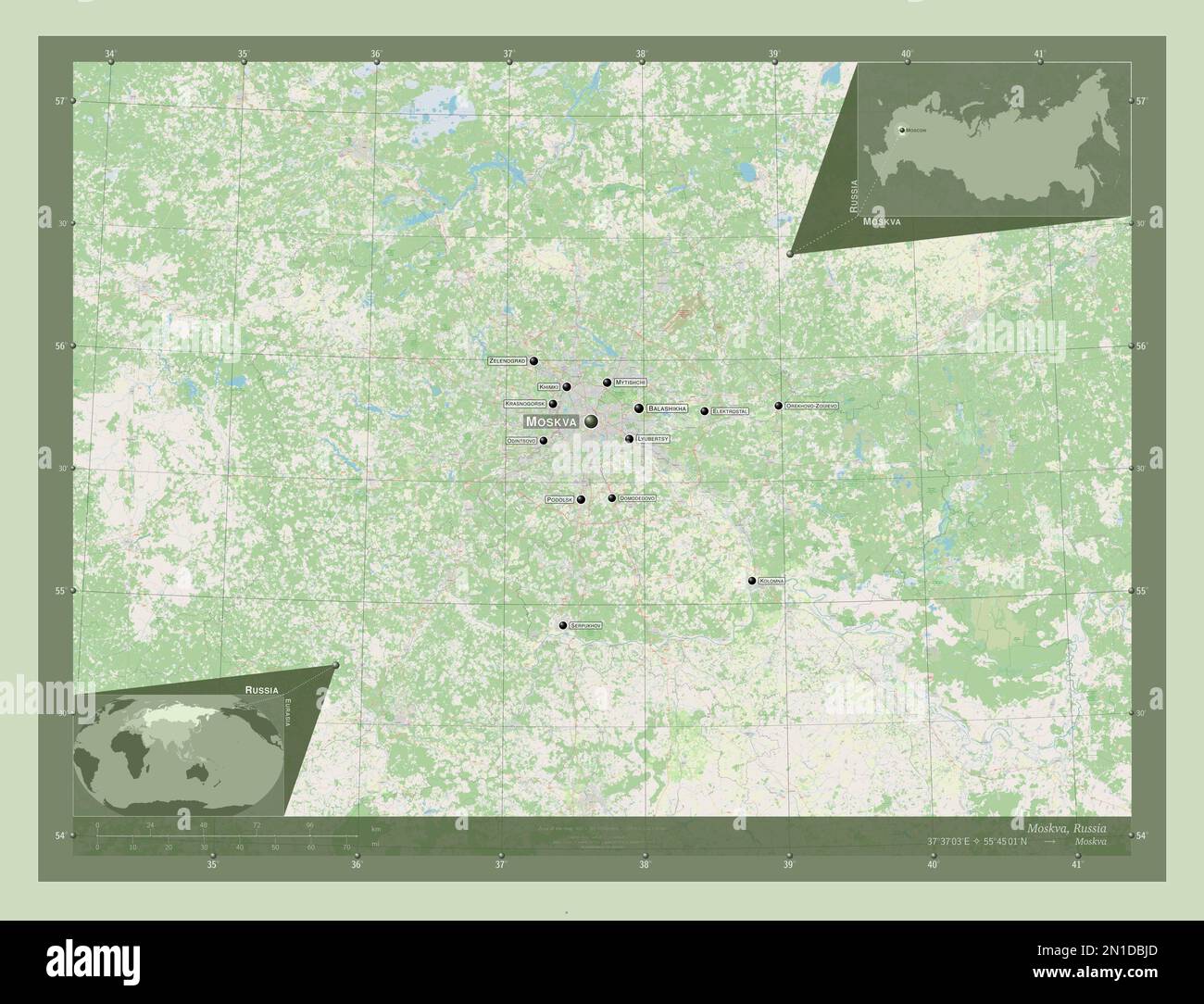 Moskva, region of Russia. Open Street Map. Locations and names of major ...