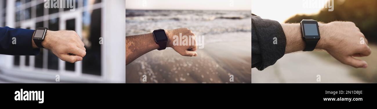 Photos of men using different smart watches, closeup. Collage design ...