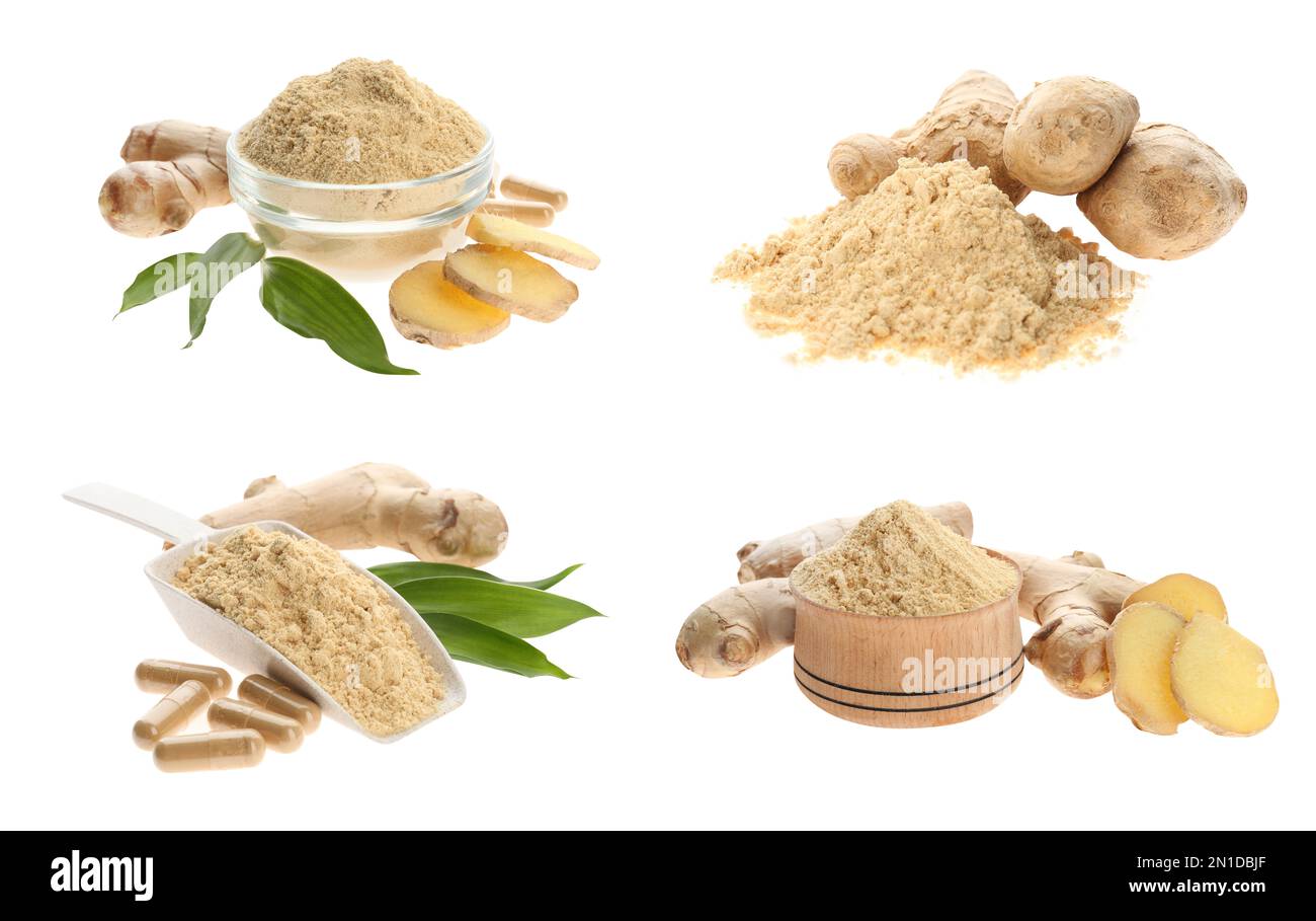 Set with ginger root and powder on white background Stock Photo - Alamy