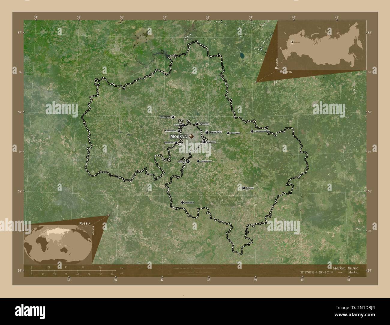 Moskva, region of Russia. Low resolution satellite map. Locations and ...