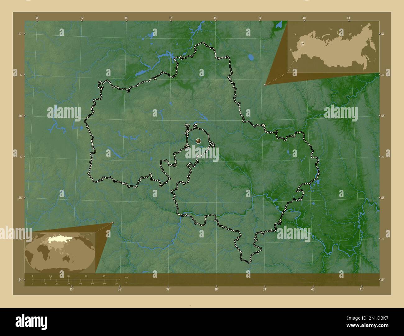 Moskva, region of Russia. Colored elevation map with lakes and rivers ...