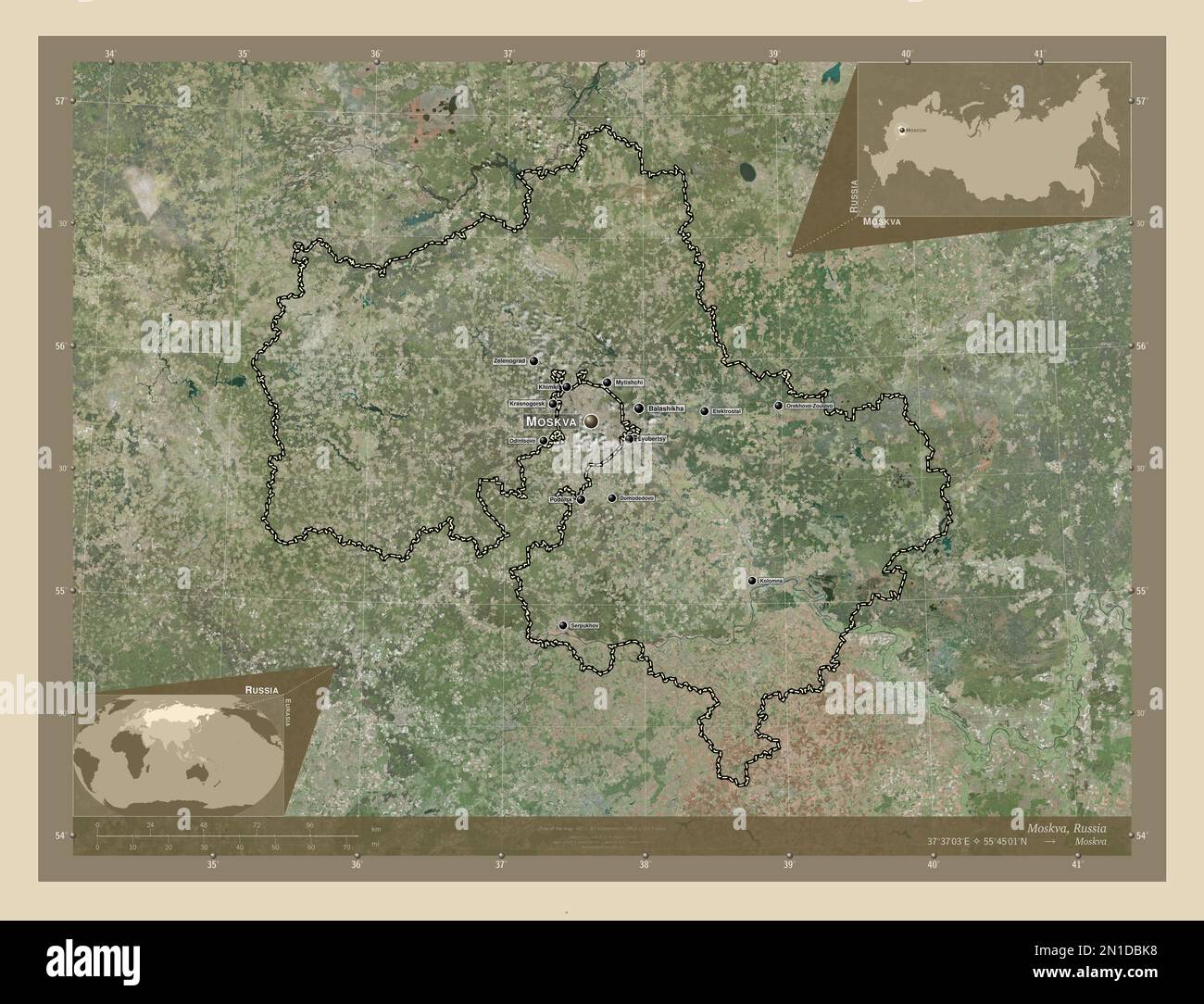 Moskva, region of Russia. High resolution satellite map. Locations and ...