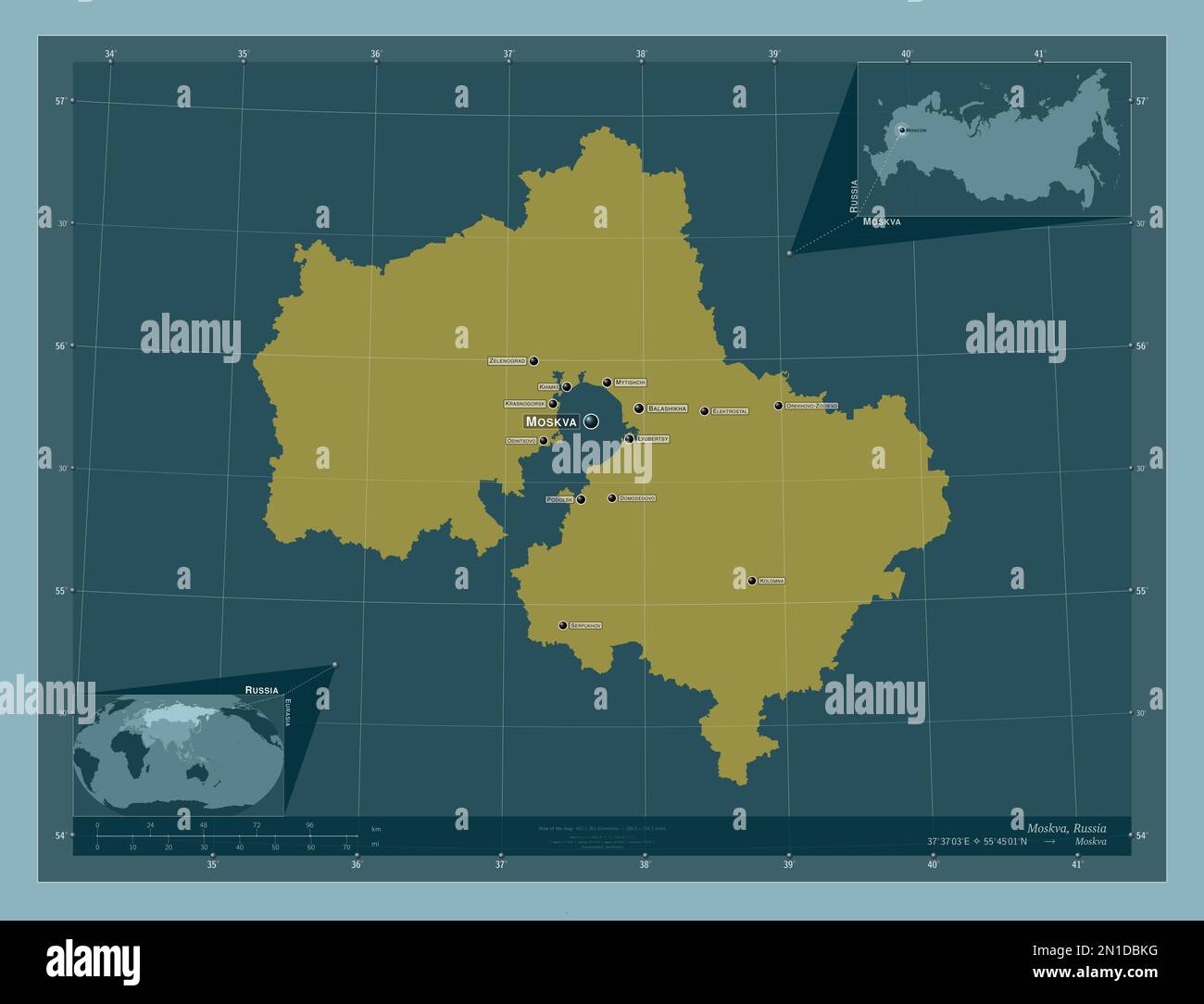 Moskva, region of Russia. Solid color shape. Locations and names of ...