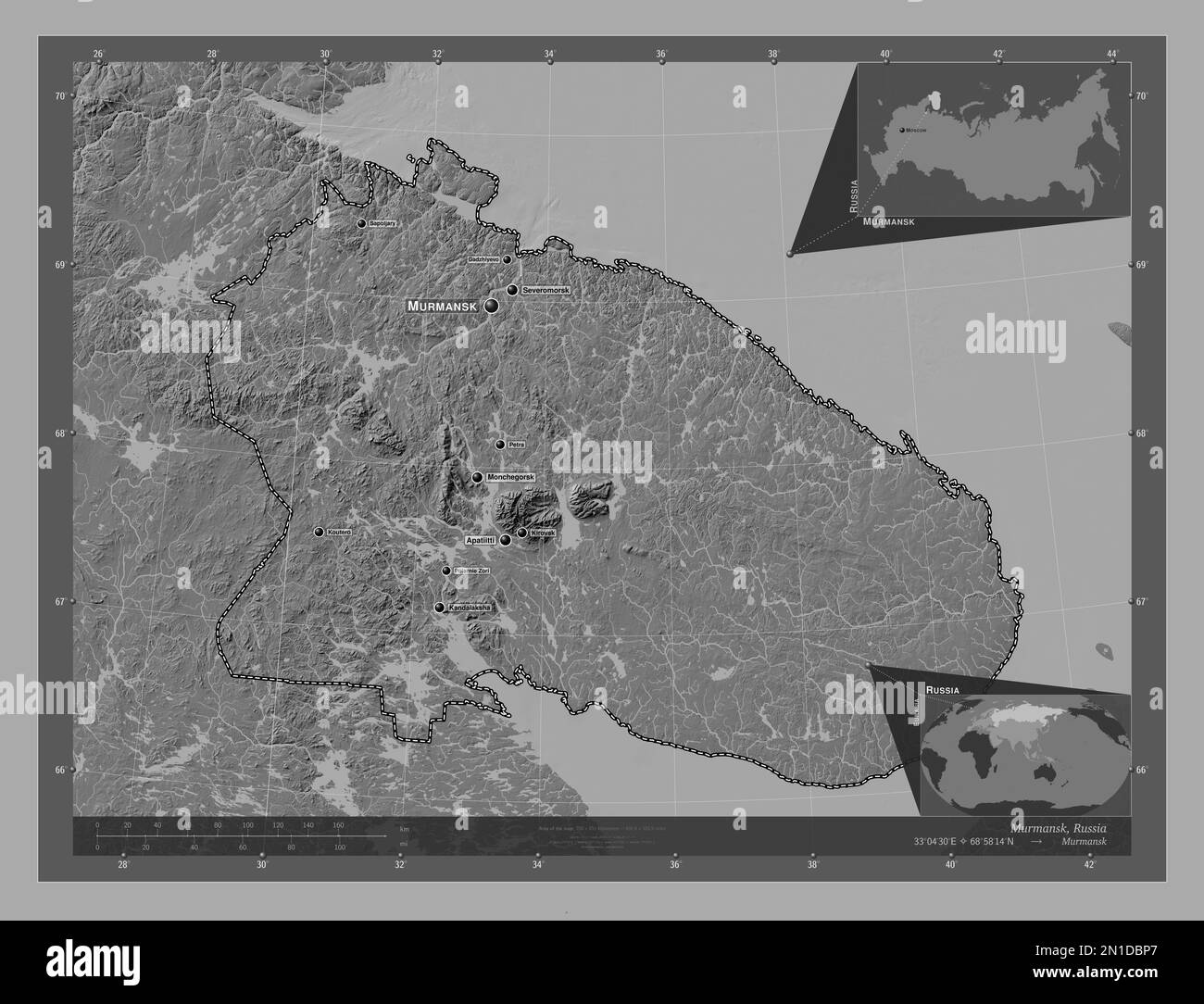 Murmansk, region of Russia. Bilevel elevation map with lakes and rivers ...