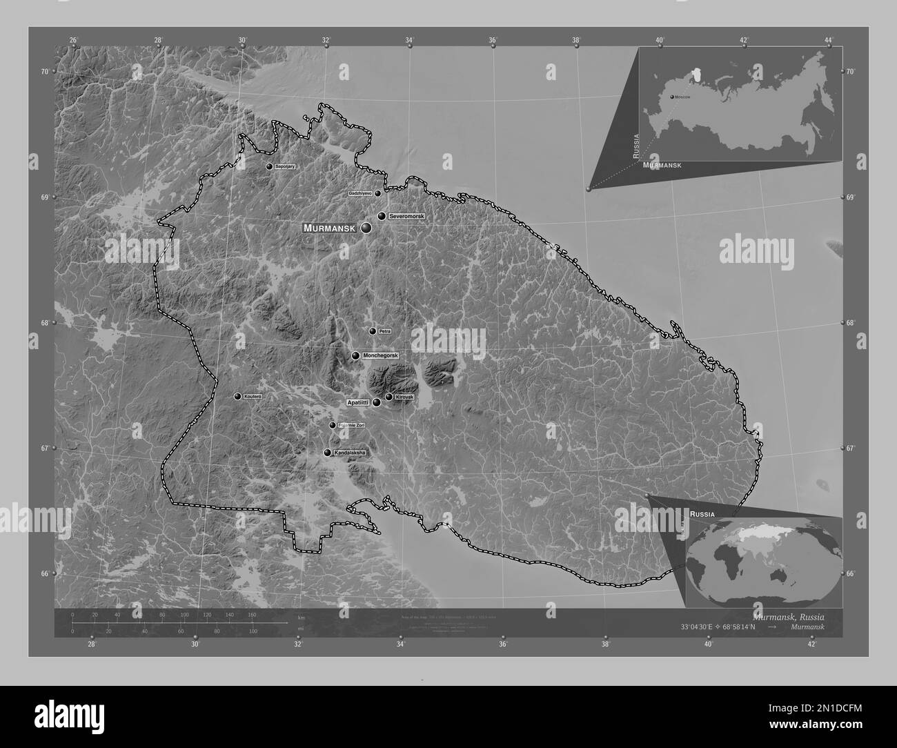 Murmansk, region of Russia. Grayscale elevation map with lakes and ...