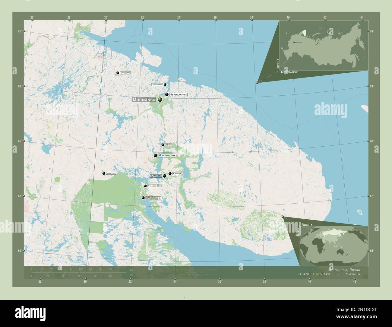 Murmansk, region of Russia. Open Street Map. Locations and names of ...