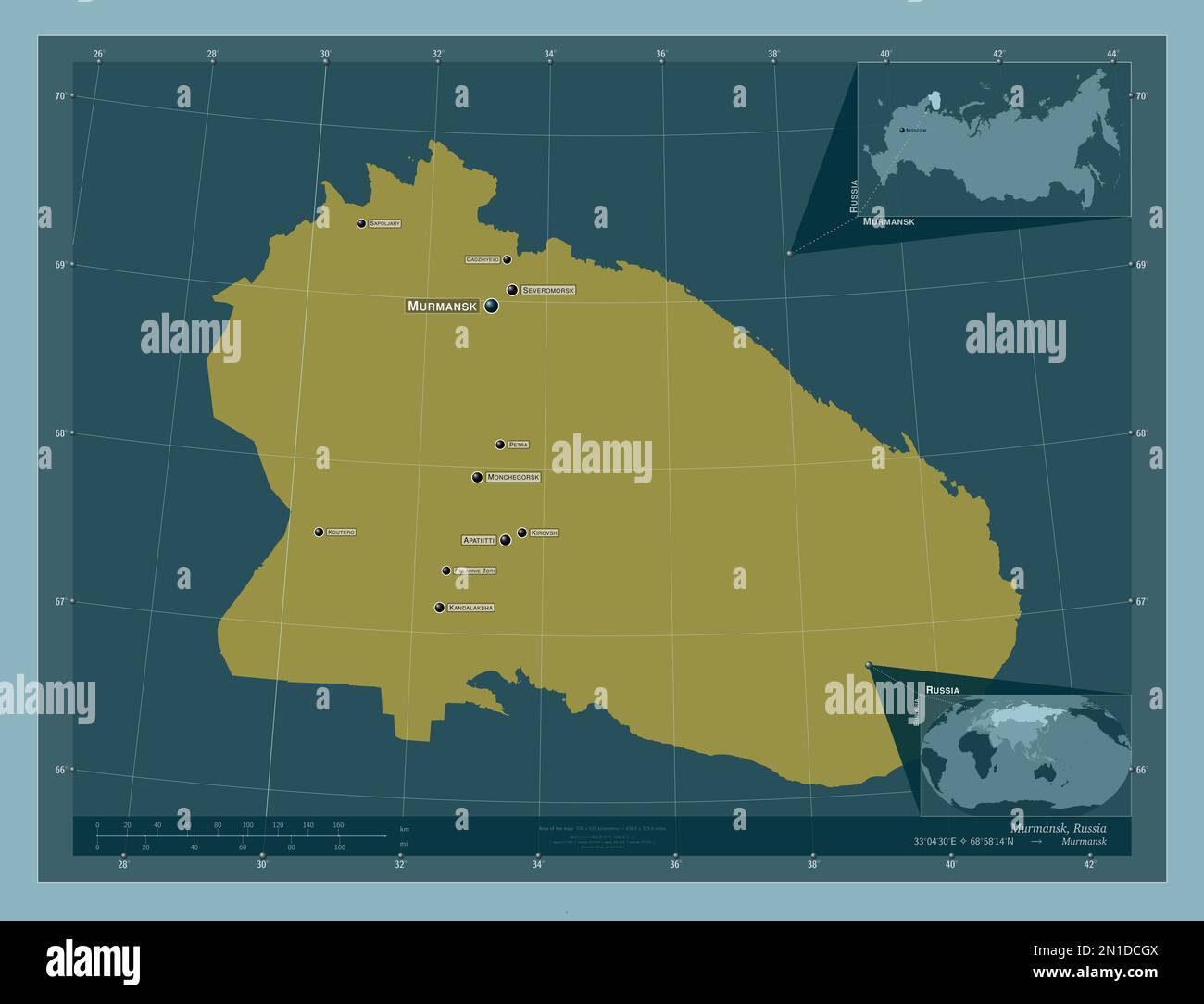 Murmansk, region of Russia. Solid color shape. Locations and names of ...