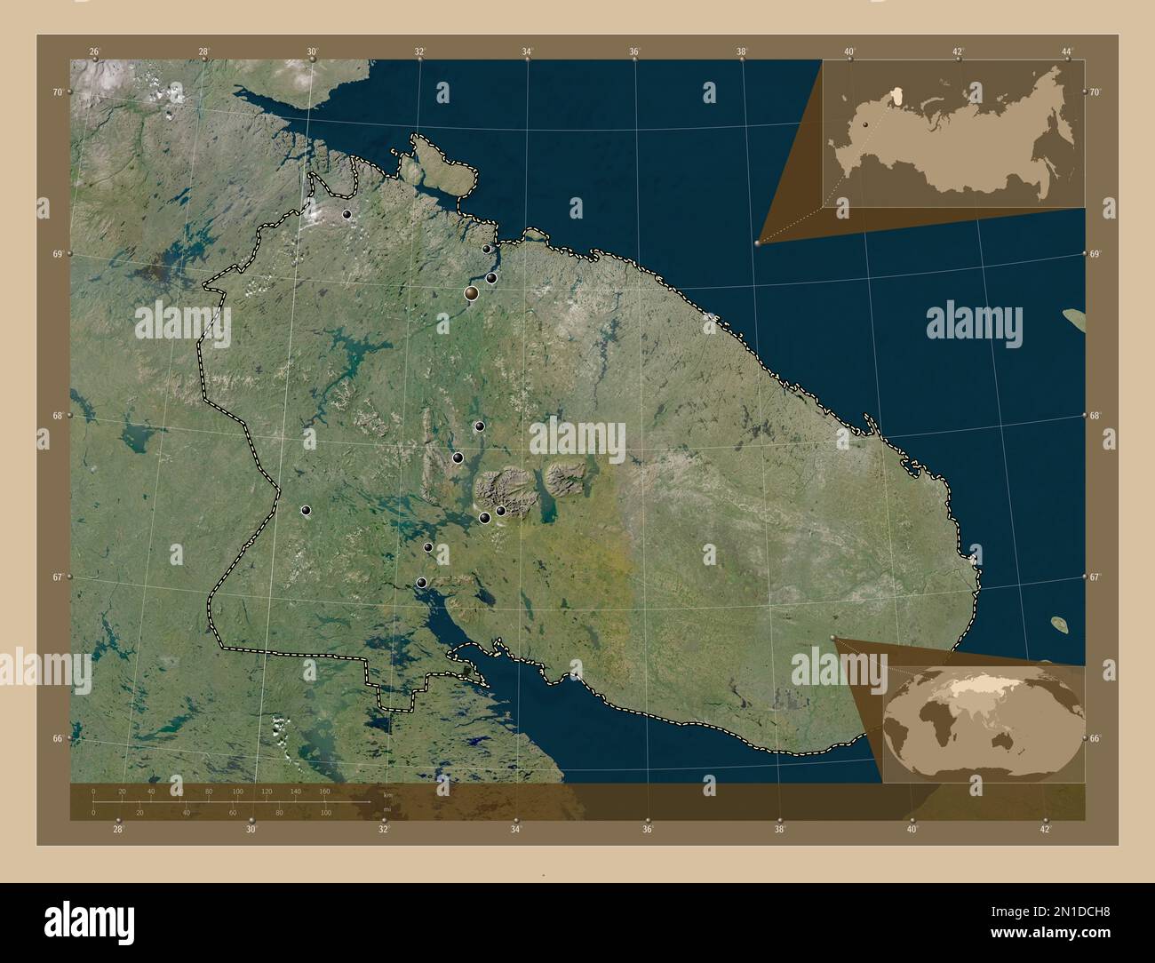 Murmansk, region of Russia. Low resolution satellite map. Locations of ...