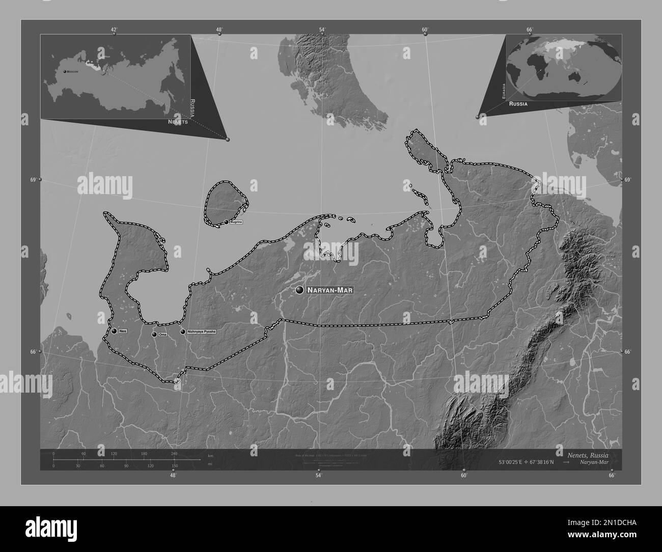 Nenets, autonomous province of Russia. Bilevel elevation map with lakes ...