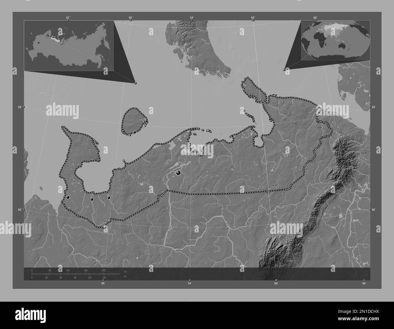 Nenets, autonomous province of Russia. Bilevel elevation map with lakes ...