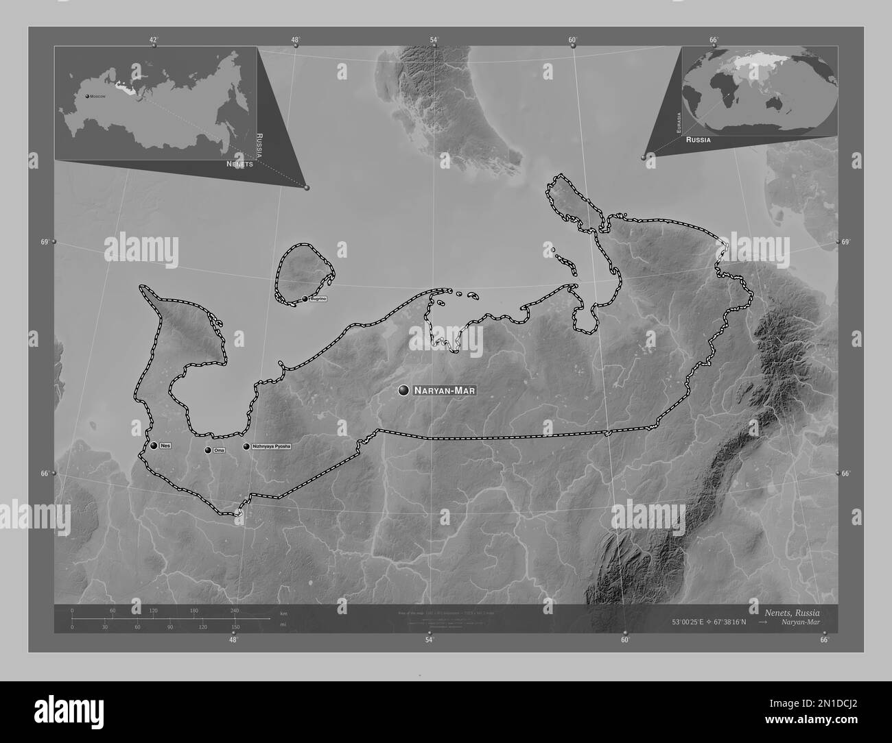 Nenets, autonomous province of Russia. Grayscale elevation map with ...
