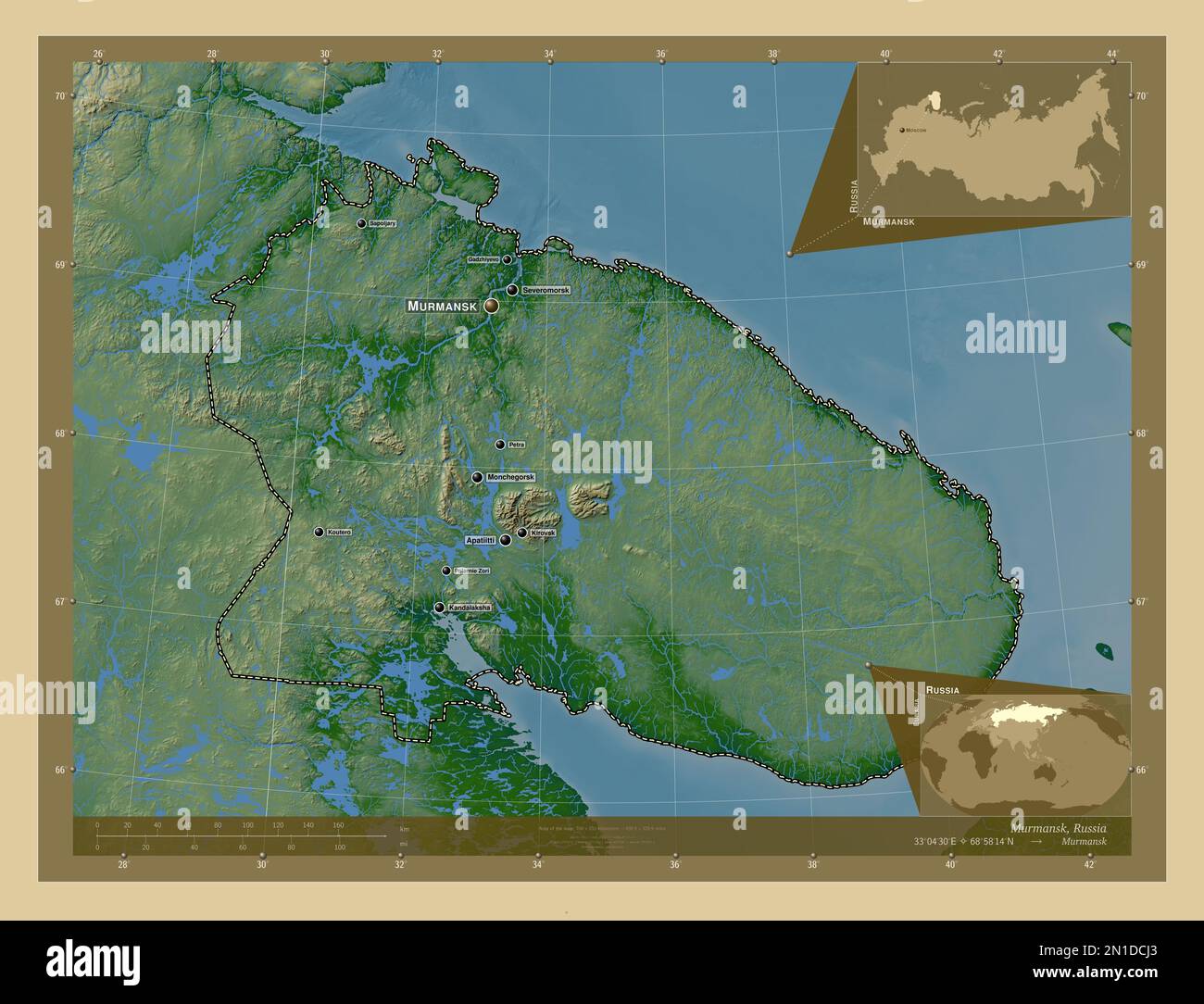Murmansk, region of Russia. Colored elevation map with lakes and rivers ...