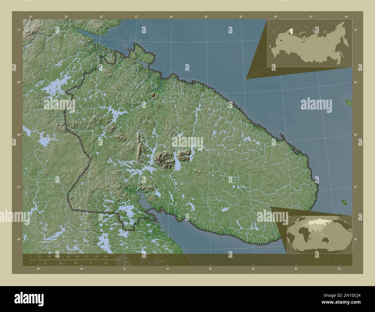 Murmansk, region of Russia. Elevation map colored in wiki style with ...