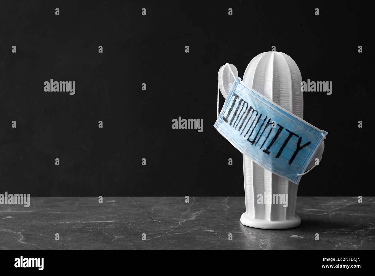 Medical mask with word Immunity hanging on ceramic cactus against grey ...