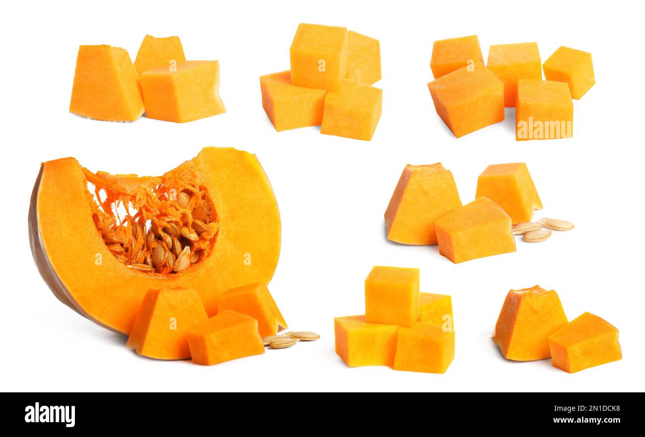 Set of pumpkin pieces on white background Stock Photo - Alamy