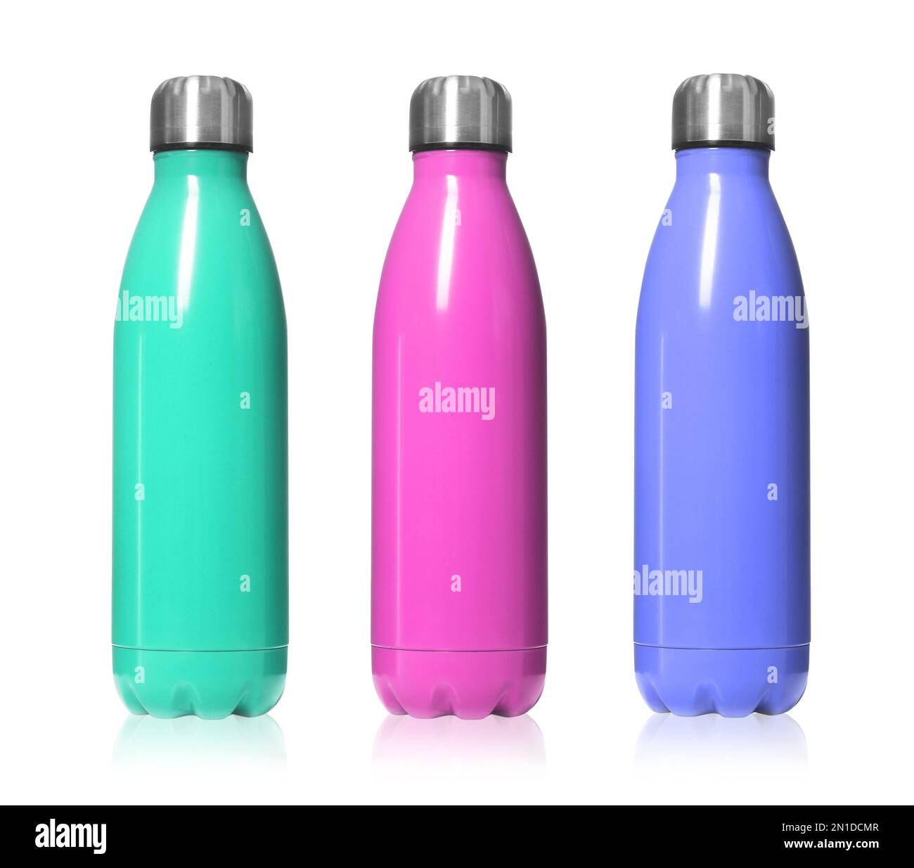 Set of modern thermos bottles in different colors on white background ...