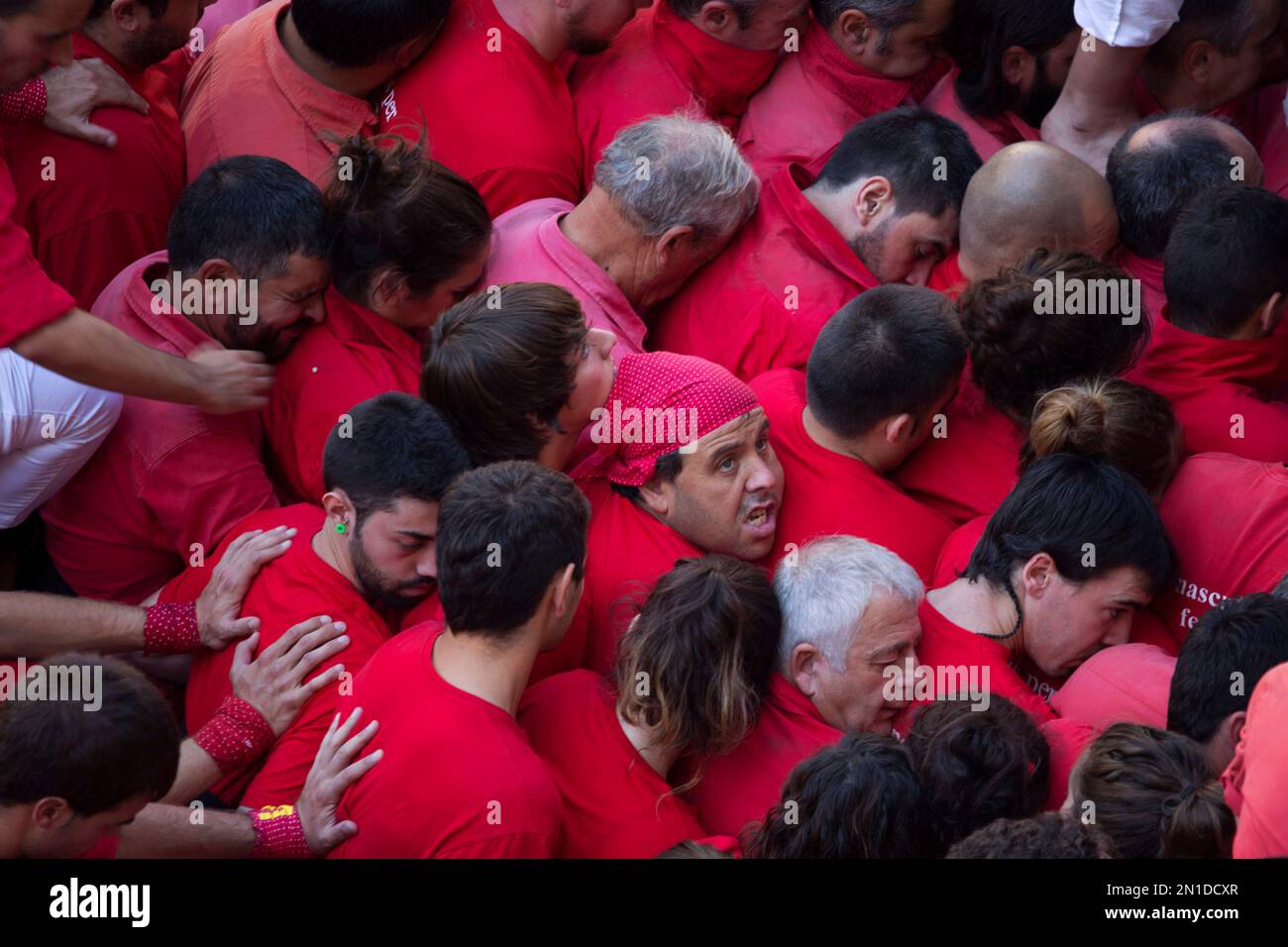 Members of the Castellers of Barcelona form a human tower or ...