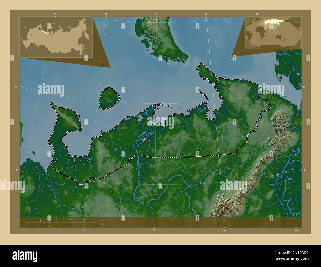 Nenets, autonomous province of Russia. Colored elevation map with lakes ...
