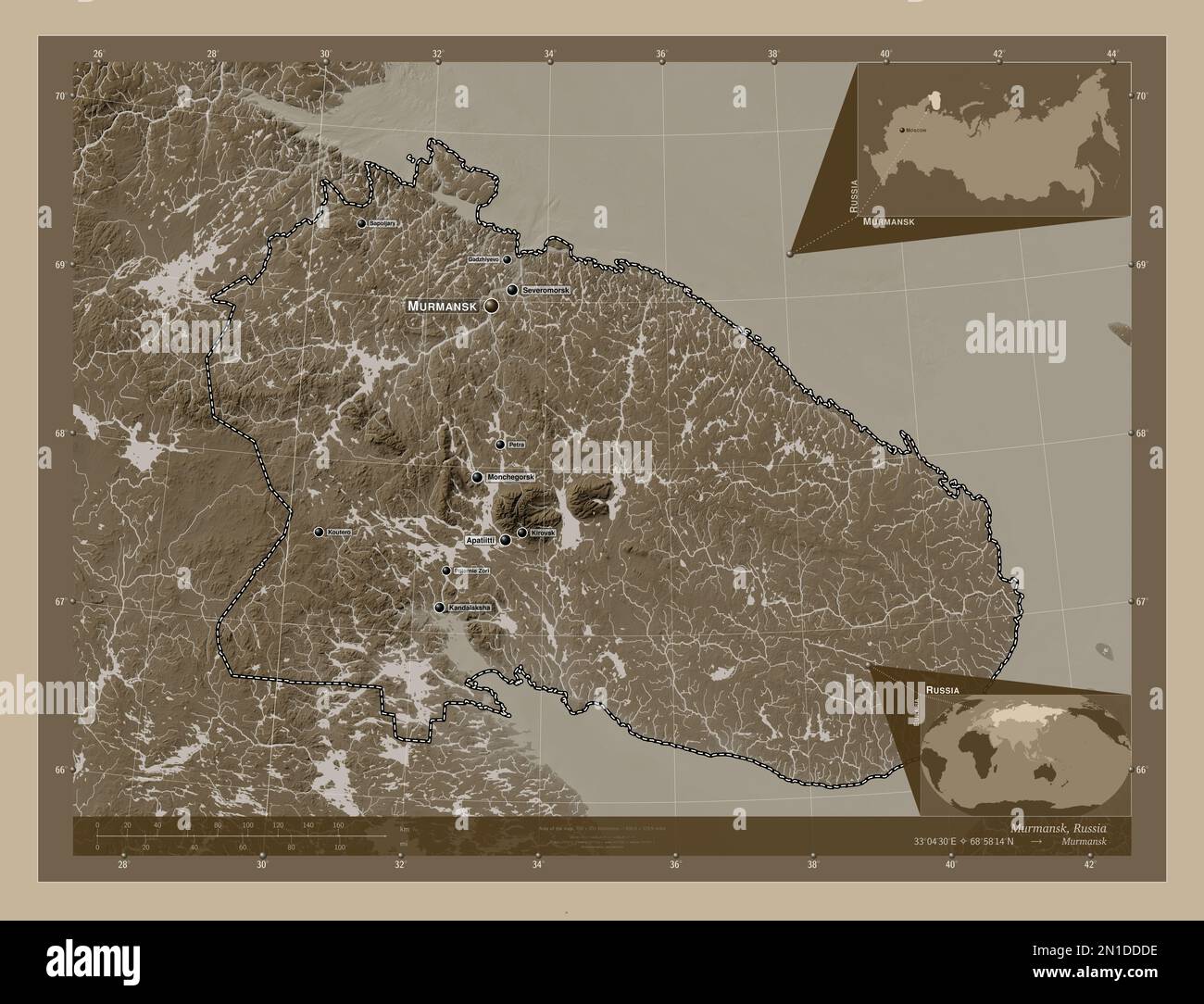 Murmansk, region of Russia. Elevation map colored in sepia tones with ...