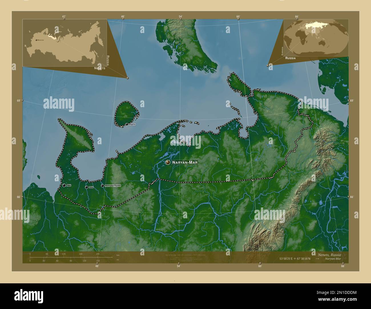 Nenets, autonomous province of Russia. Colored elevation map with lakes ...
