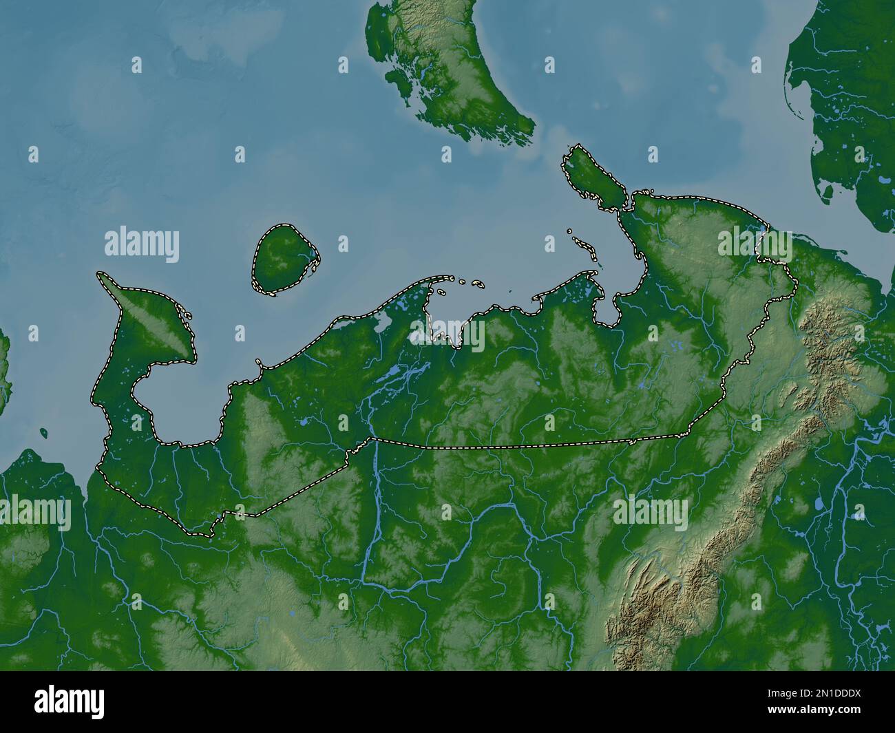 Nenets, autonomous province of Russia. Colored elevation map with lakes ...