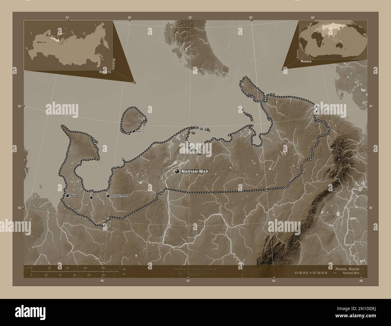 Nenets, autonomous province of Russia. Elevation map colored in sepia ...