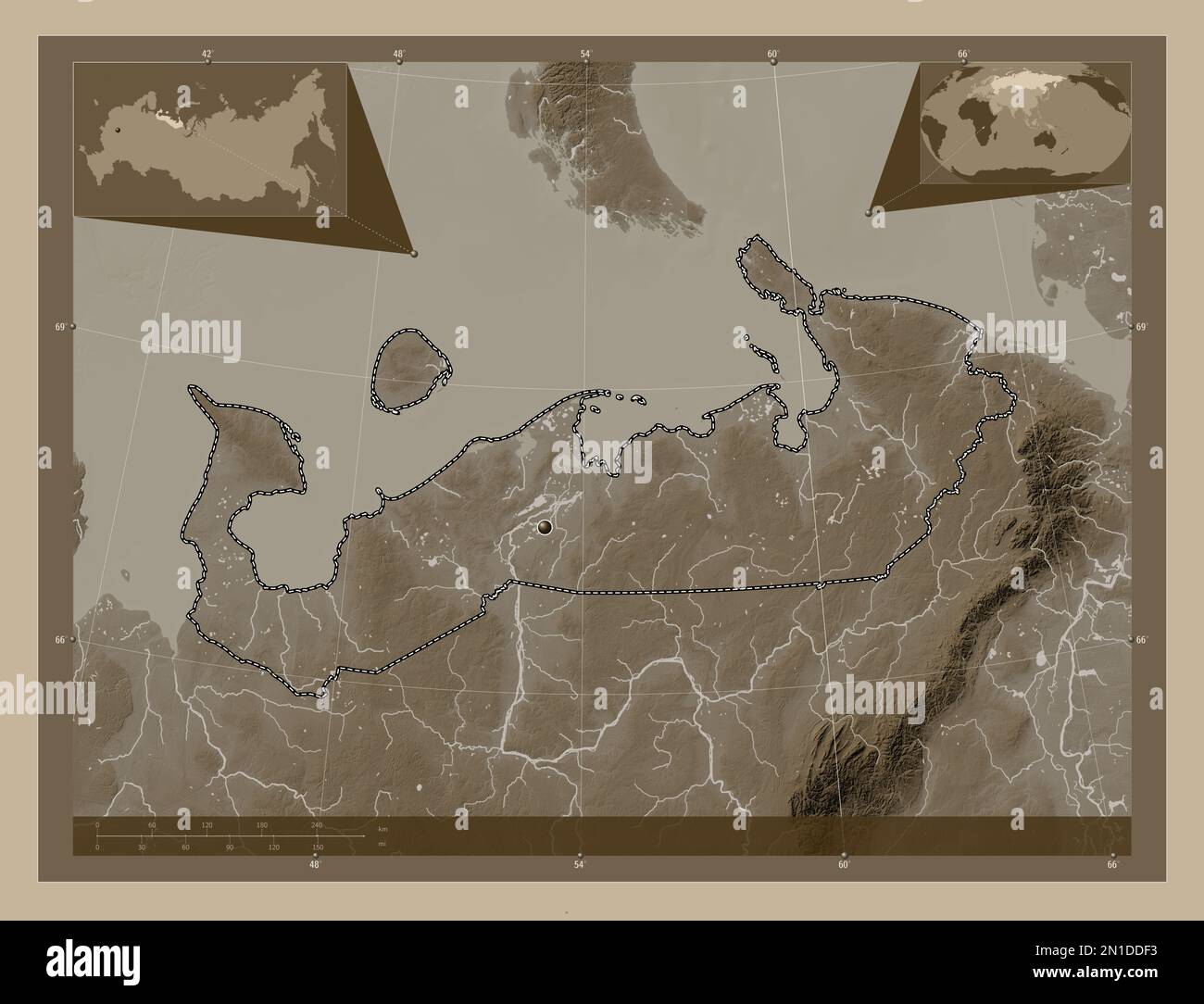 Nenets, autonomous province of Russia. Elevation map colored in sepia ...