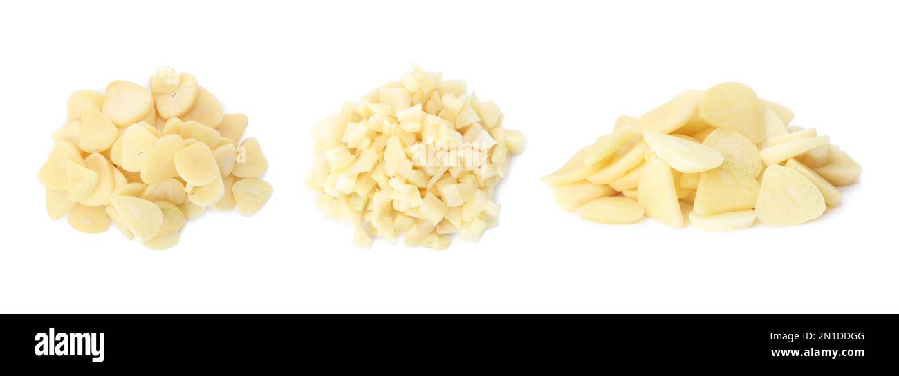 Set of cut garlic on white background. Banner design Stock Photo - Alamy