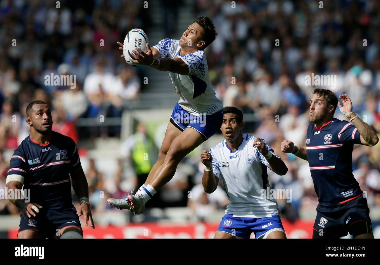 Samoa's Tim Nanai-Williams jumps for the ball during the Rugby World ...