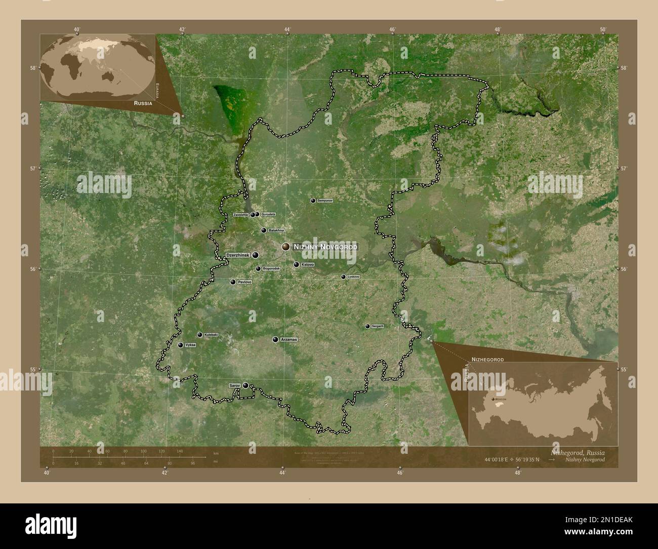 Nizhegorod, region of Russia. Low resolution satellite map. Locations ...