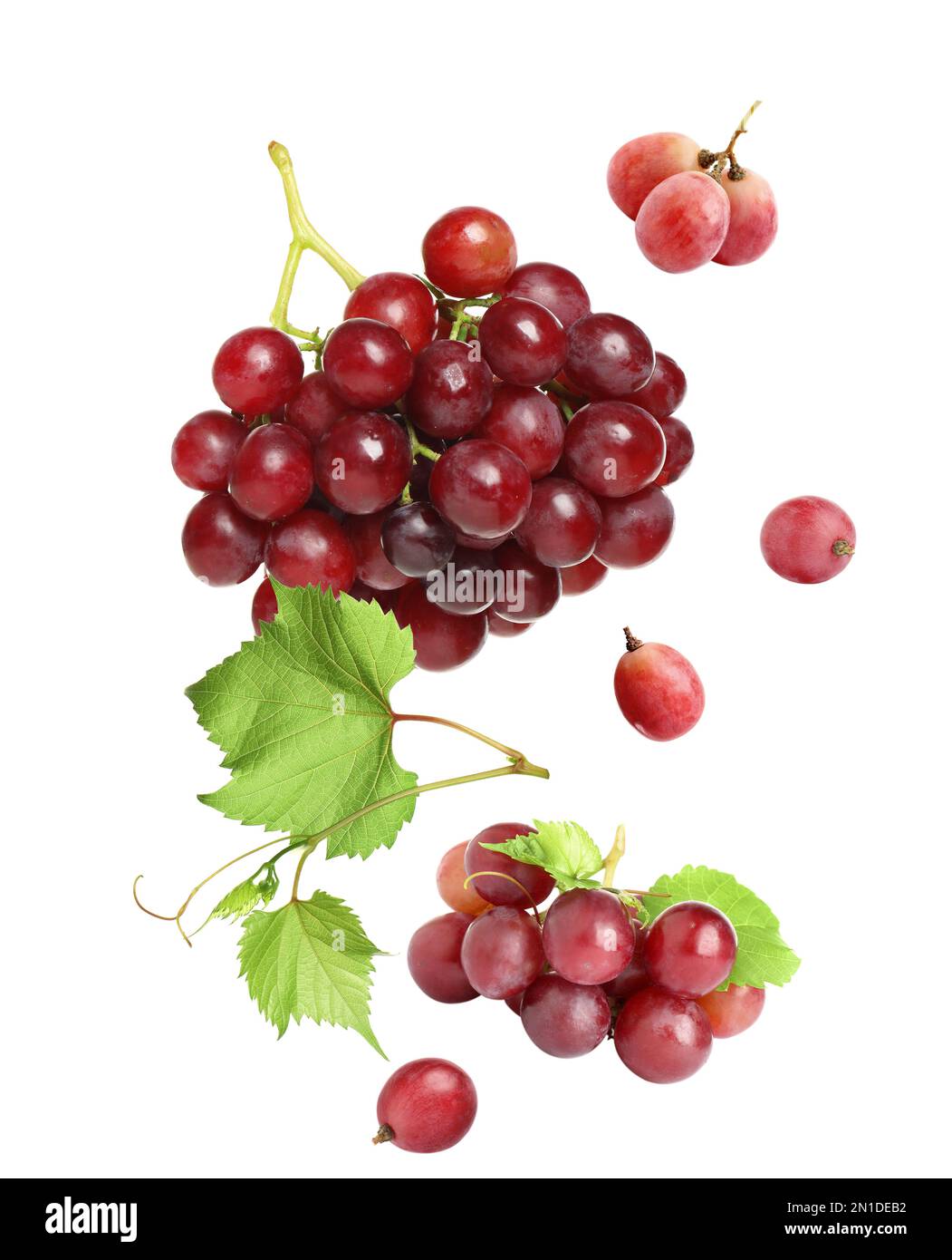 Fresh ripe grapes with green leaves falling on white background Stock ...