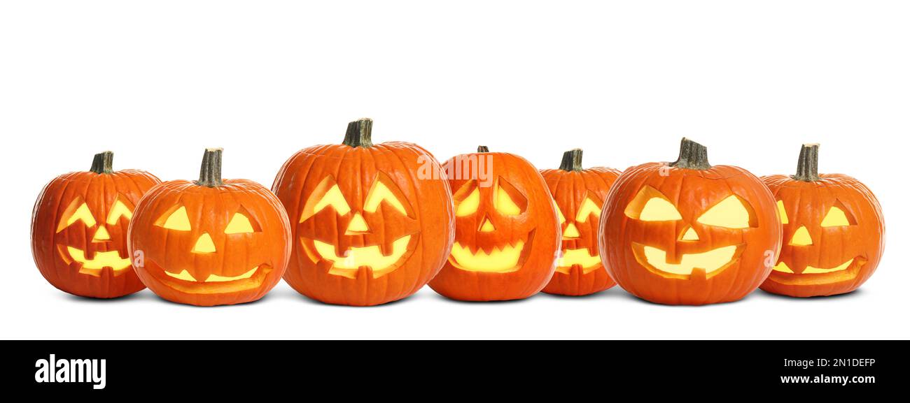 Set of carved Halloween pumpkins on white background. Banner design ...