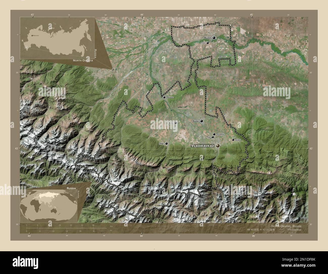 North Ossetia, republic of Russia. High resolution satellite map ...