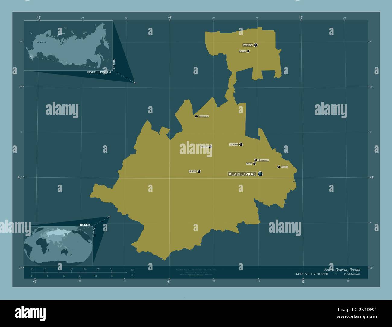 North Ossetia, republic of Russia. Solid color shape. Locations and ...