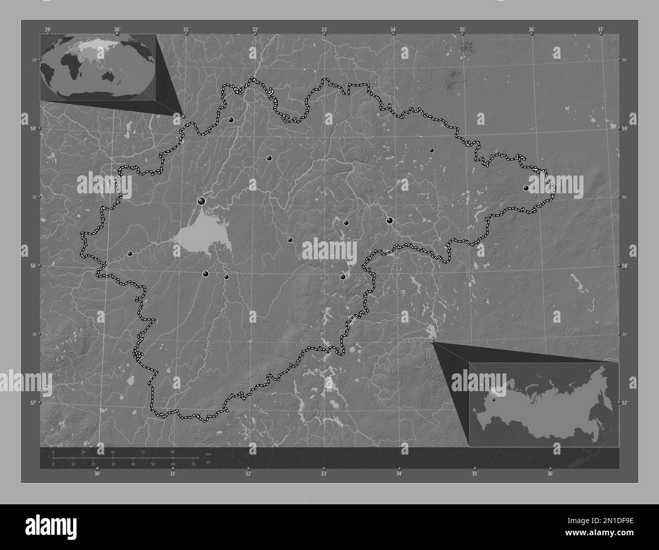 Novgorod, region of Russia. Bilevel elevation map with lakes and rivers ...