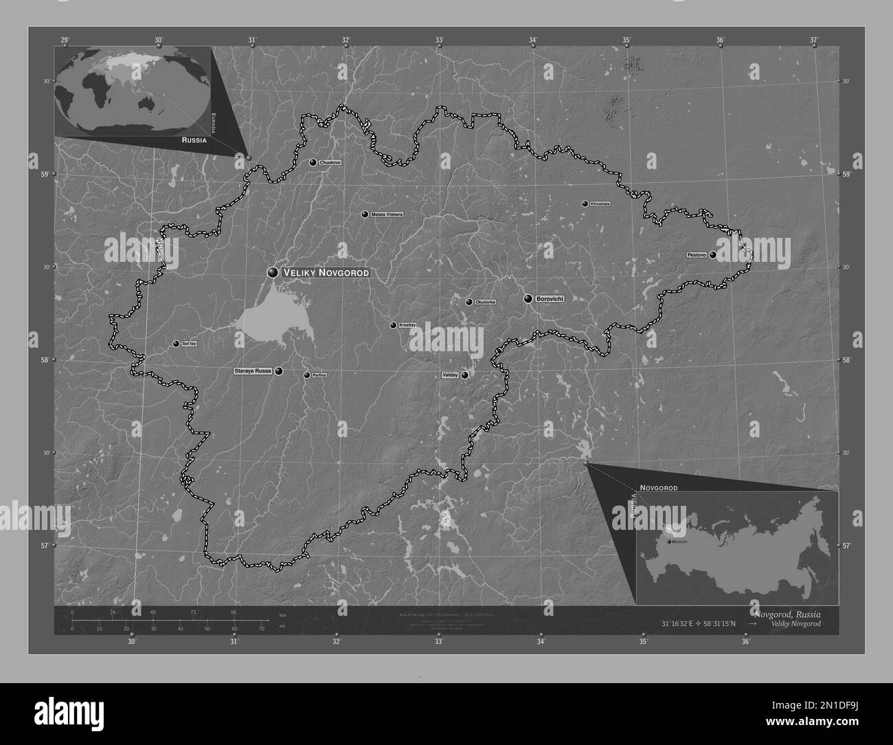 Novgorod, region of Russia. Bilevel elevation map with lakes and rivers ...