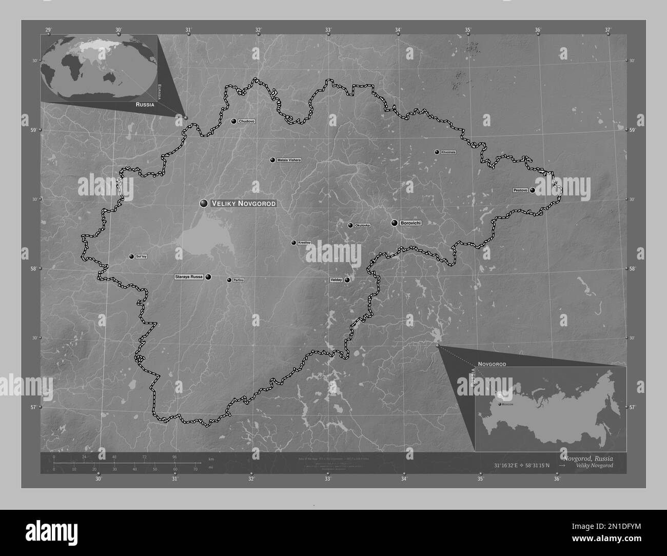 Novgorod, region of Russia. Grayscale elevation map with lakes and ...