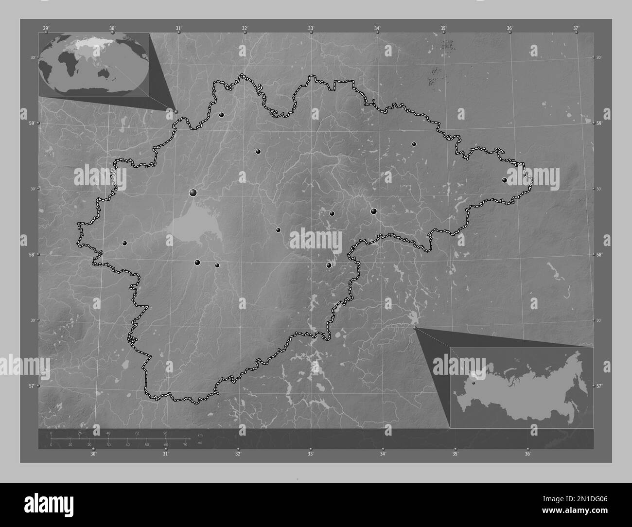 Novgorod, region of Russia. Grayscale elevation map with lakes and ...