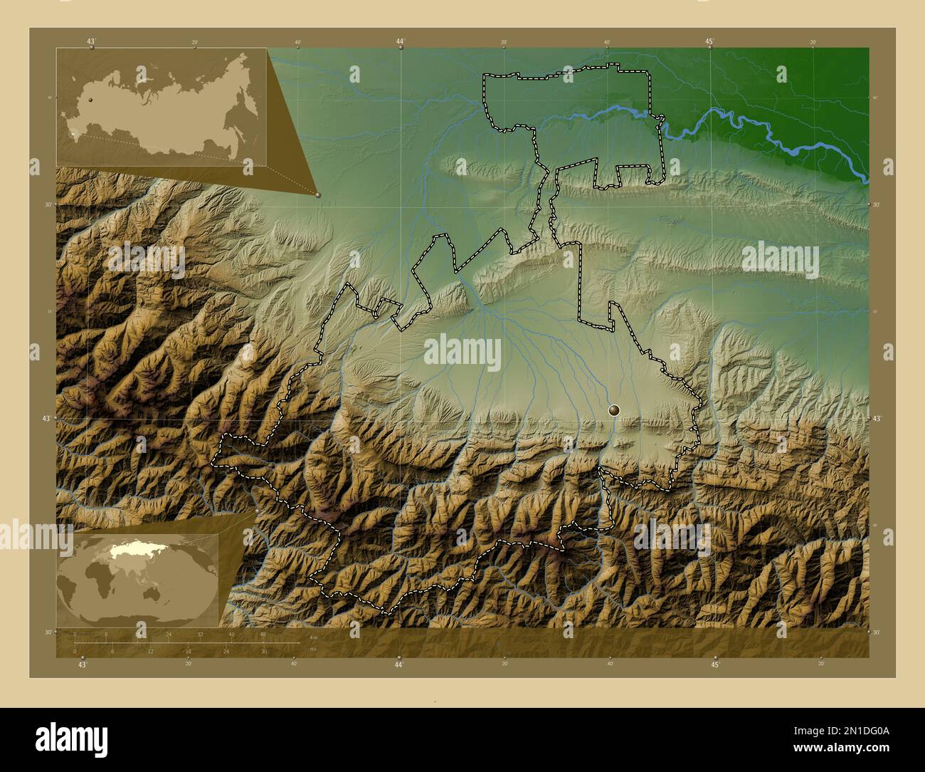 North Ossetia, republic of Russia. Colored elevation map with lakes and ...