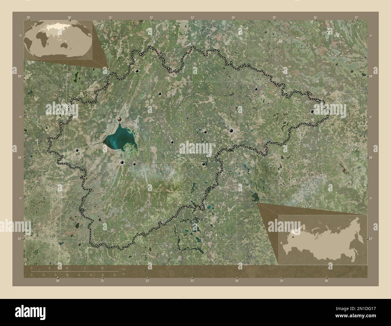 Novgorod, region of Russia. High resolution satellite map. Locations of ...