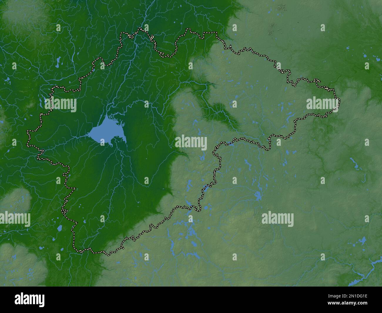 Novgorod, region of Russia. Colored elevation map with lakes and rivers ...