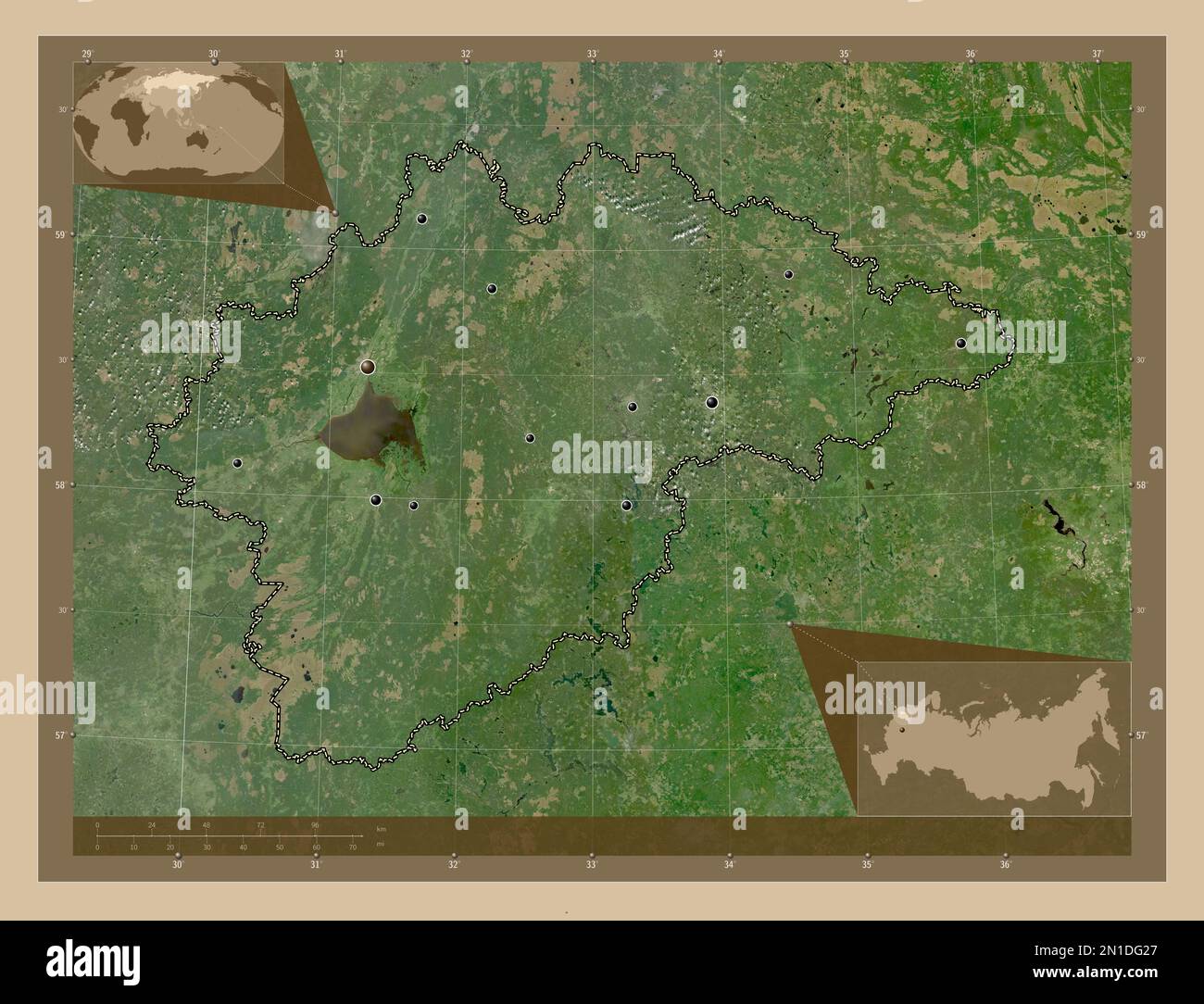 Novgorod, region of Russia. Low resolution satellite map. Locations of ...