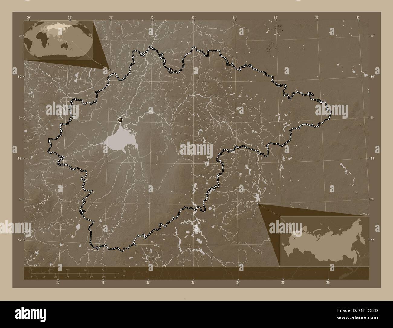Novgorod, region of Russia. Elevation map colored in sepia tones with ...