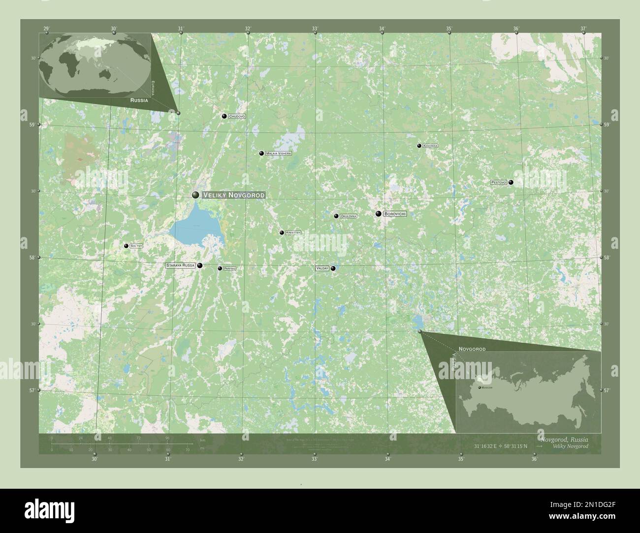 Novgorod, region of Russia. Open Street Map. Locations and names of ...