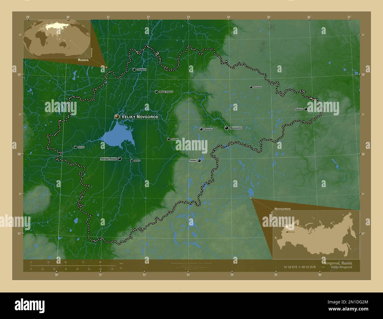 Novgorod, region of Russia. Colored elevation map with lakes and rivers ...