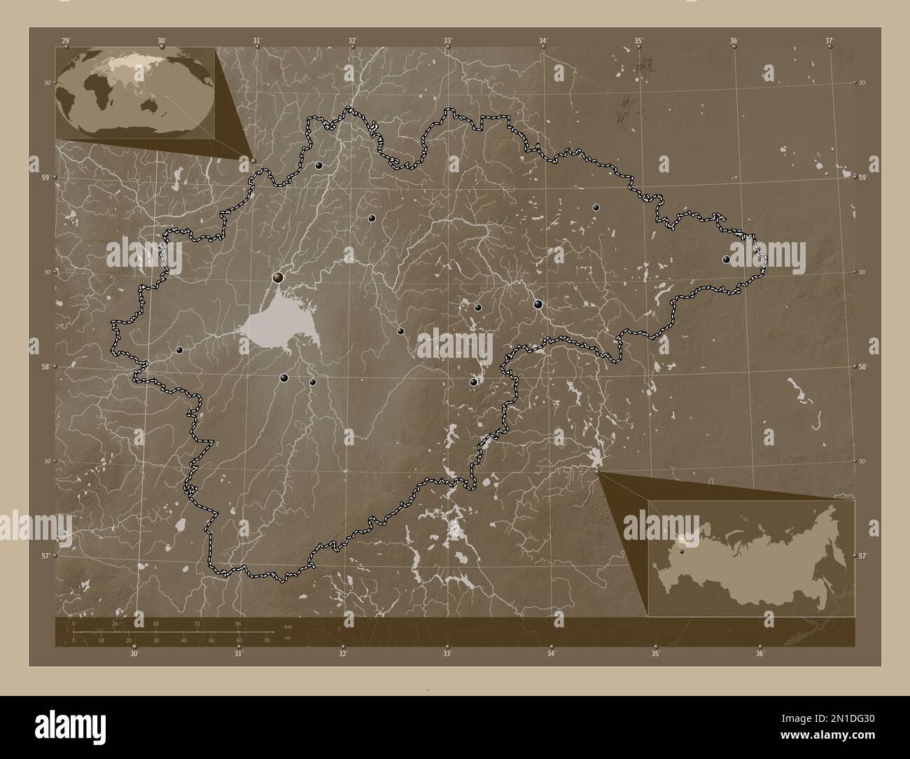 Novgorod, region of Russia. Elevation map colored in sepia tones with ...