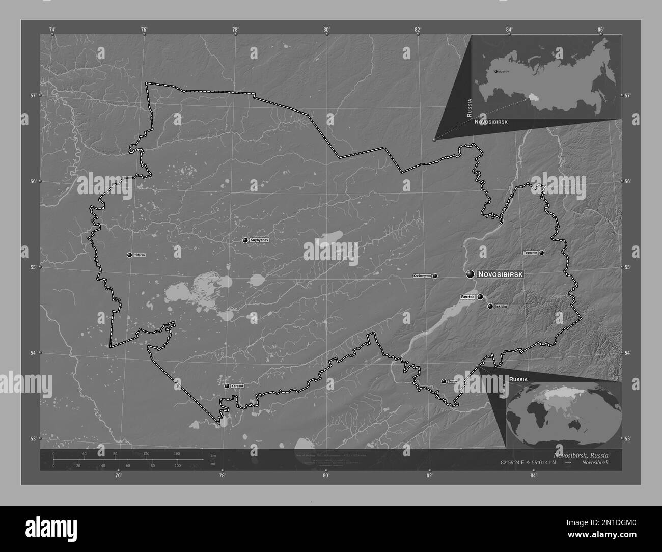 Novosibirsk, region of Russia. Bilevel elevation map with lakes and ...