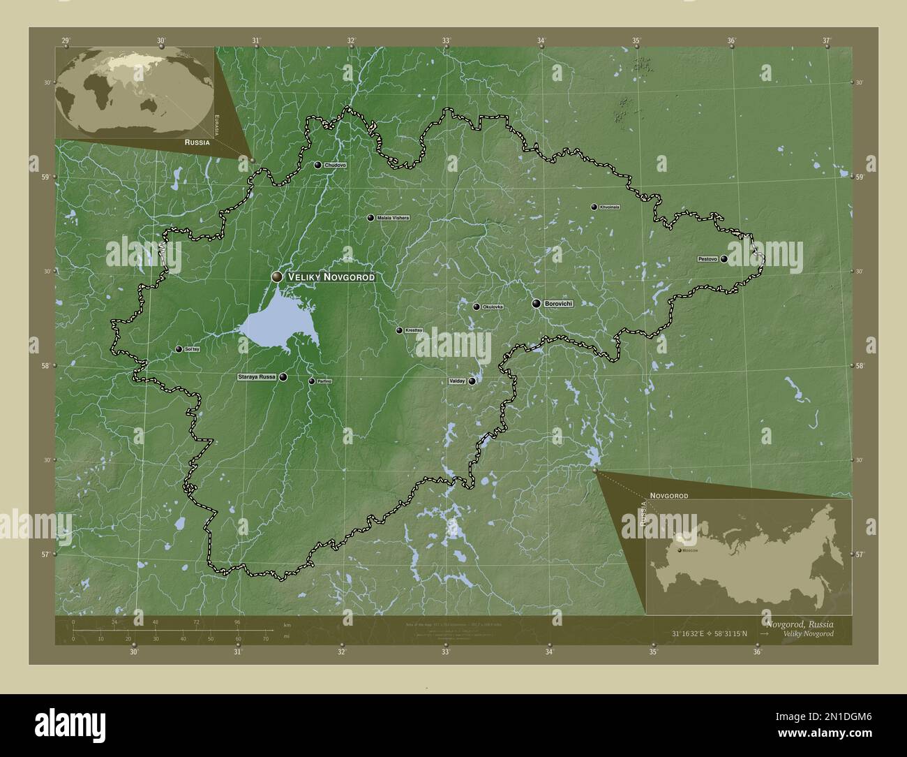 Novgorod, region of Russia. Elevation map colored in wiki style with ...