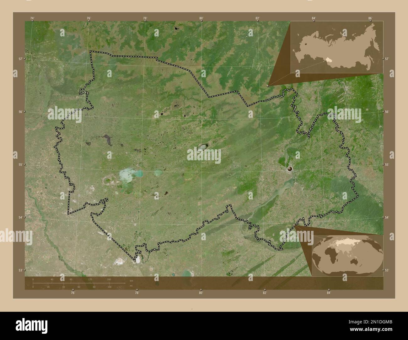 Novosibirsk, region of Russia. Low resolution satellite map. Corner ...